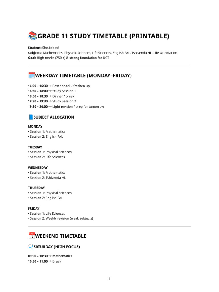 Grade 11 Study Timetable Guide | PDF | Workweek And Weekend | Cognitive ...