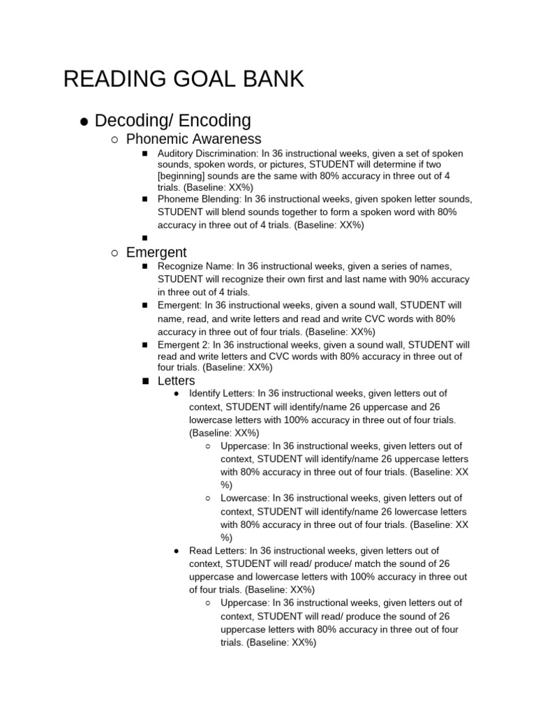 Reading Goal Bank | PDF | Reading Comprehension | Consonant