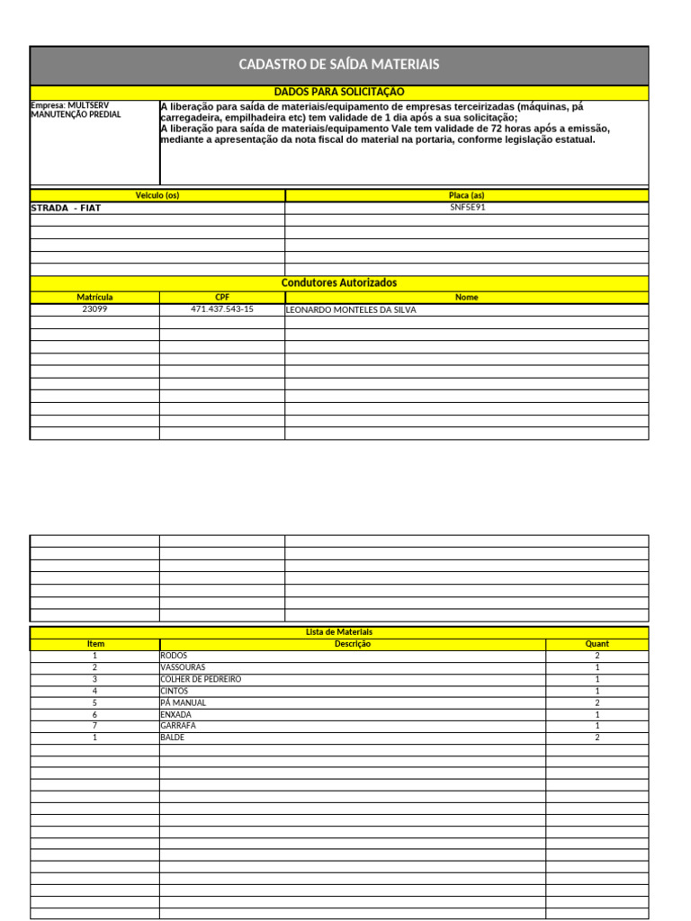 Cadastro de Saida de Materiais | PDF