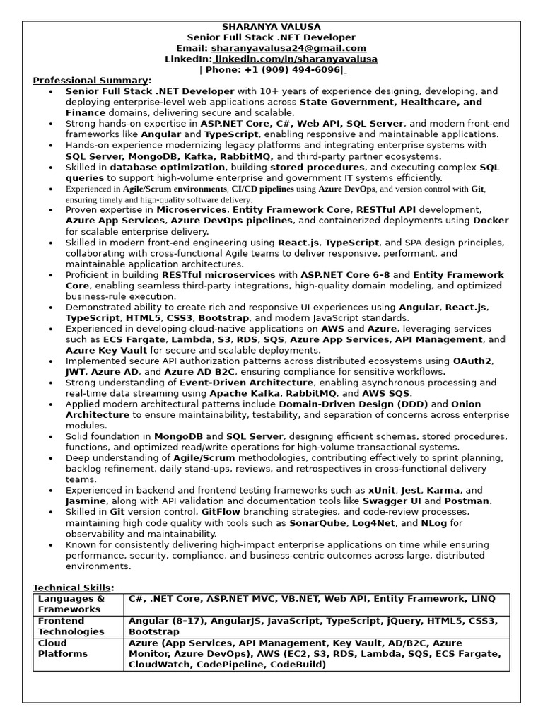 Senior Full Stack .NET Developer Profile | PDF | Microsoft Sql Server ...