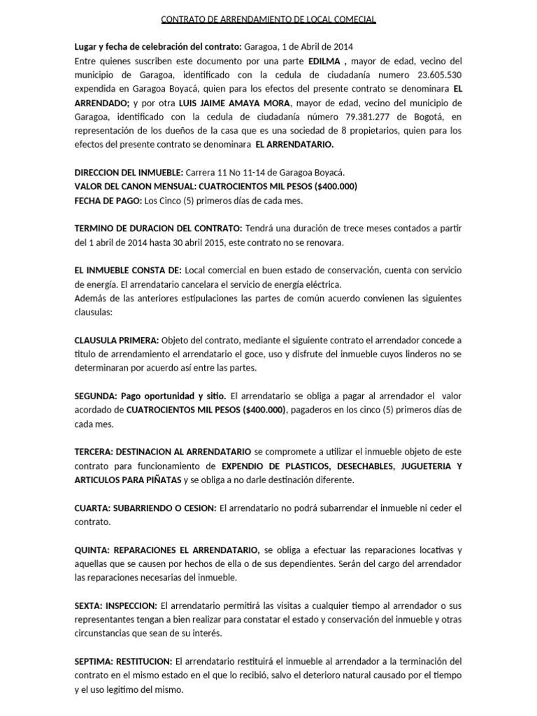 Contrato de Arrendamiento de Local Comecial Jaime Amaya | PDF