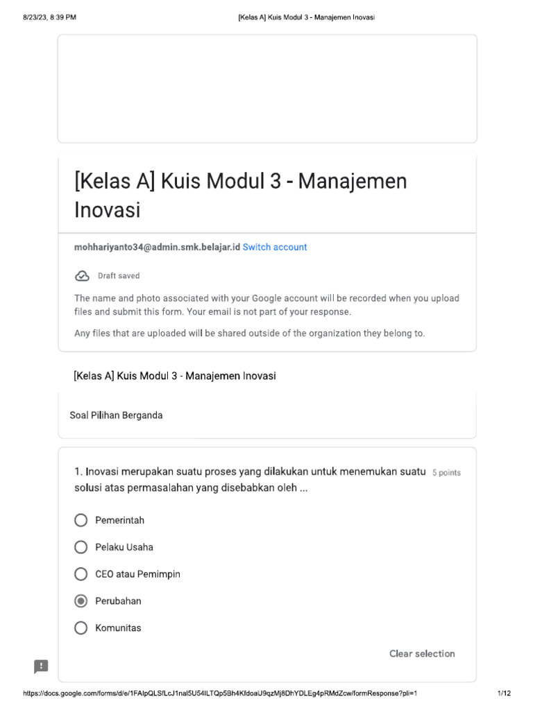 (Kelas A) Kuis Modul 3 - Manajemen Inovasi | PDF
