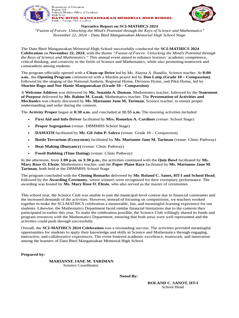 Narrative Report Sci-mathics 2024 | PDF | Learning | Cognition