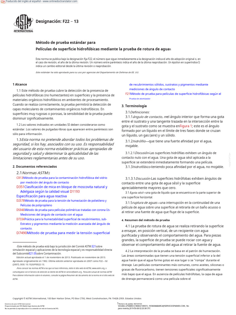ASTM F22-13 Anterior.en.Es | PDF | Agua | Hidrófobo