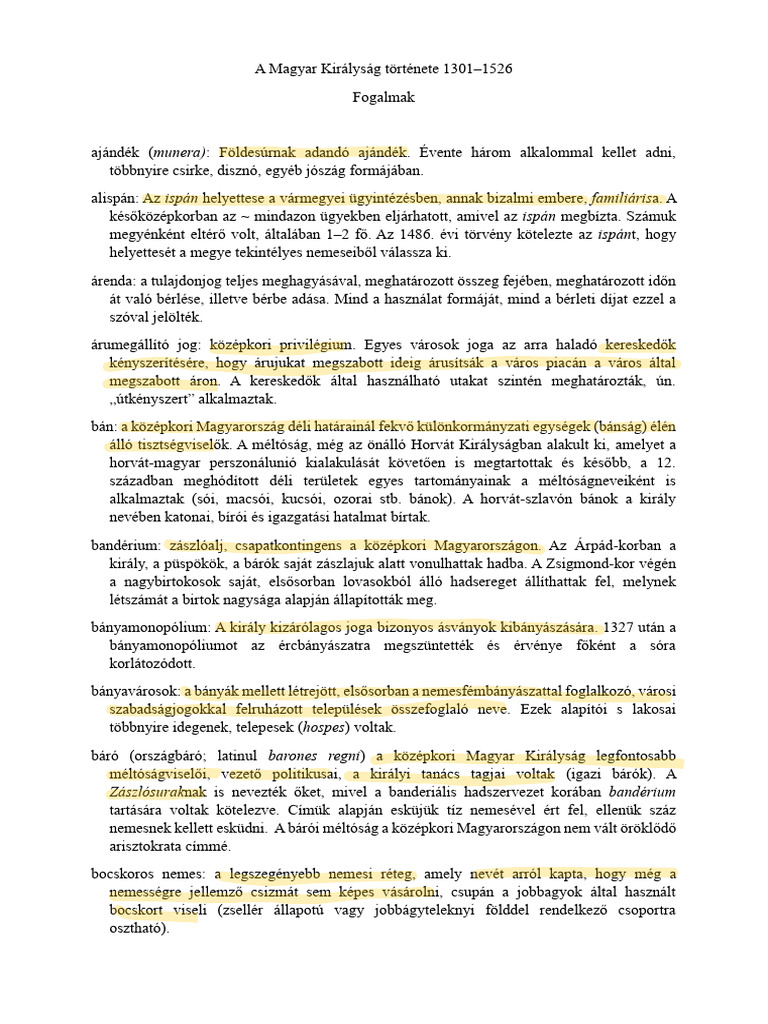 Fogalmak a Középkori Magyar Királyság Történetéhez (1301-1526) Kiemelt | PDF