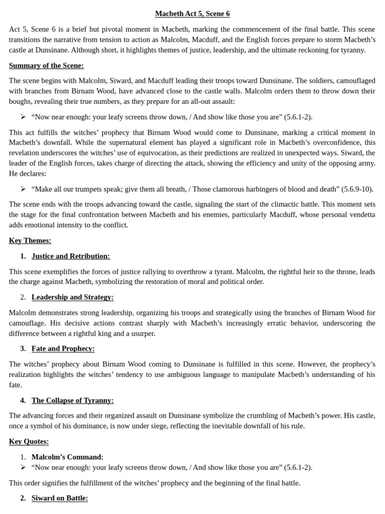 Macbeth Act 5, Scene 6 Summary | PDF | Macbeth
