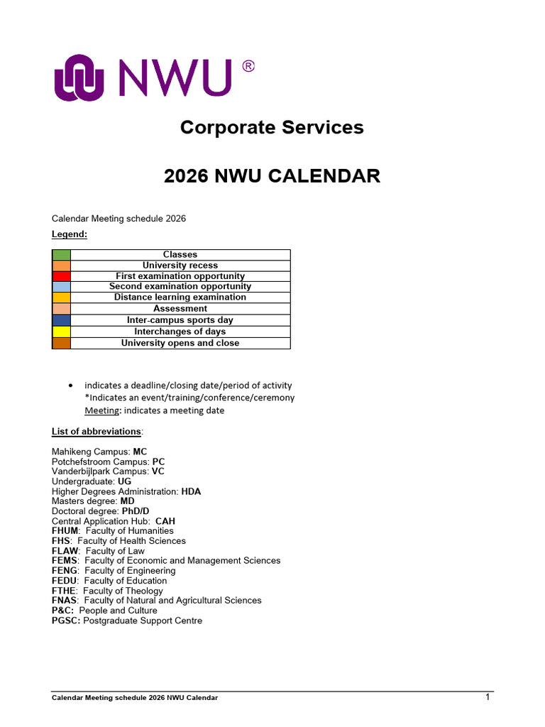 2026 NWU Calendar Meeting Schedule | PDF | Cost Of Living | Higher ...
