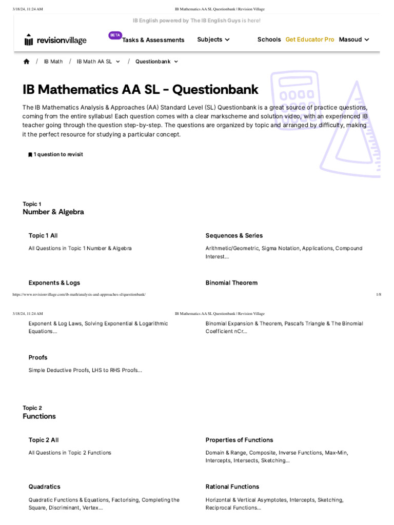 IB Math AA SL Questionbank Guide | PDF | Trigonometry | Trigonometric ...