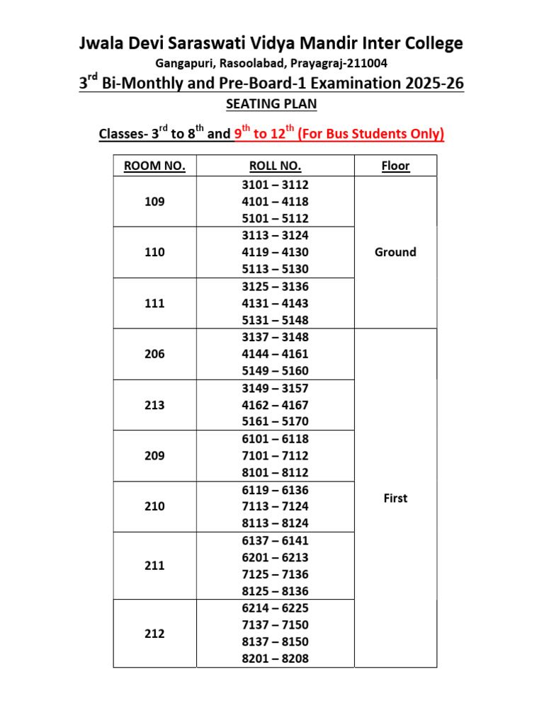 3rd Bi-Monthly Exam Seating Plan (Classes - 3rd To 8th and Bus (9th To ...