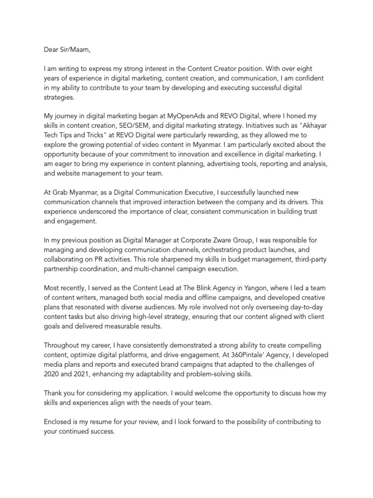 Min Thant Content Creator Cover Letter | PDF | Digital Marketing ...