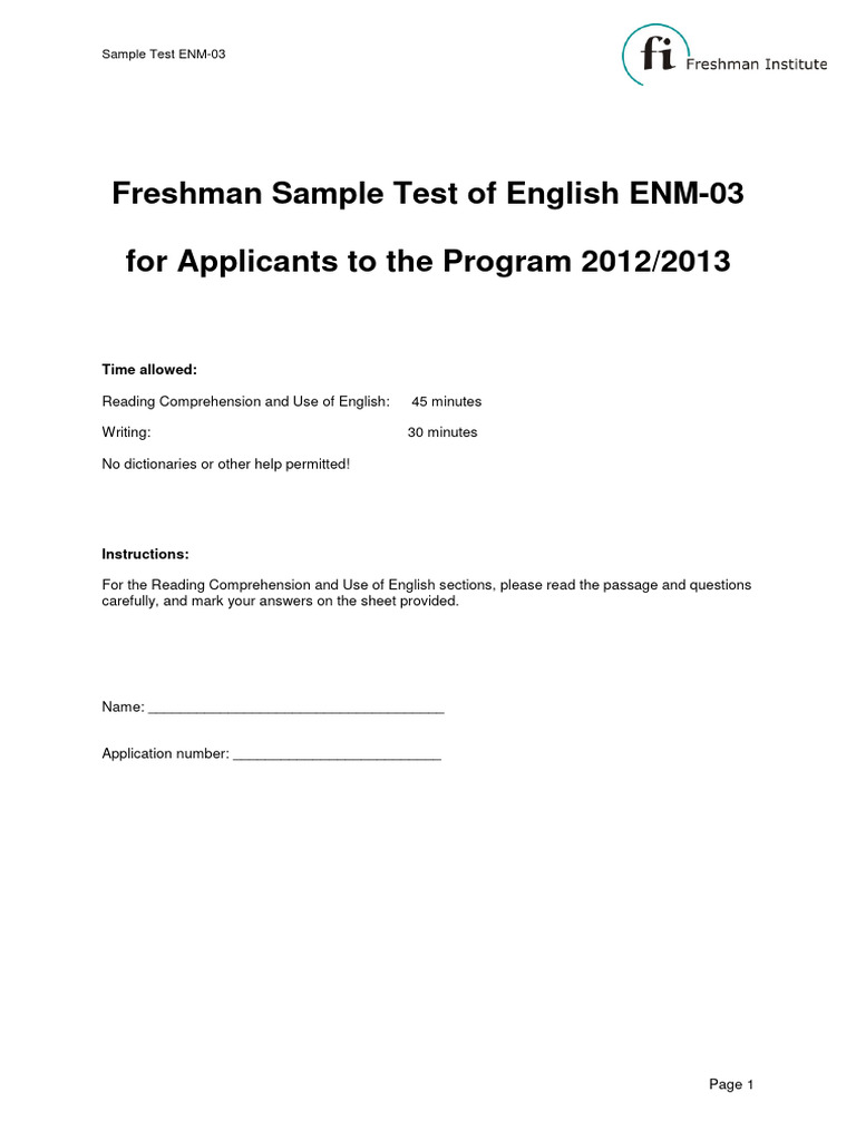 Freshman English Sample Test ENM-03 | PDF | Reading Comprehension