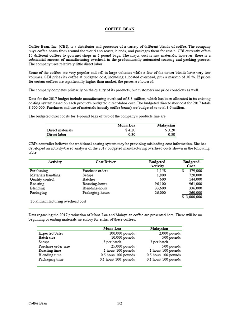 Coffee Bean Inc. Cost Analysis 2017 | PDF | Coffee | Business Economics