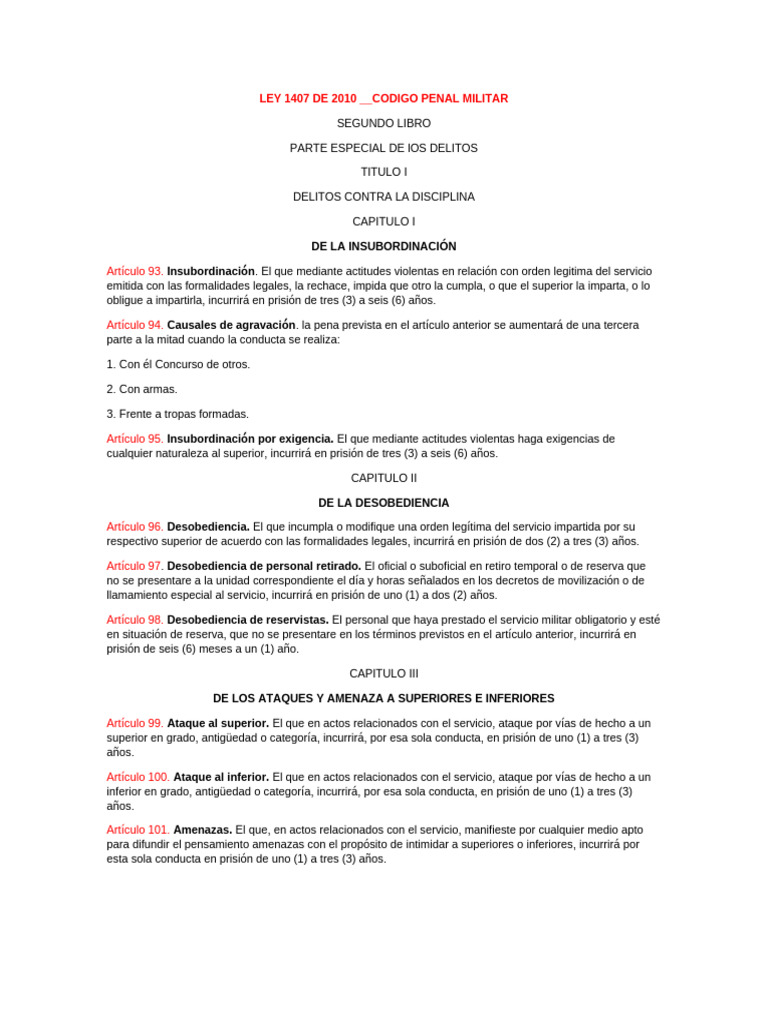 TEMA 6---. LEY 1407 DE 2010 __CODIGO PENAL MILITAR | PDF | Sabotaje ...
