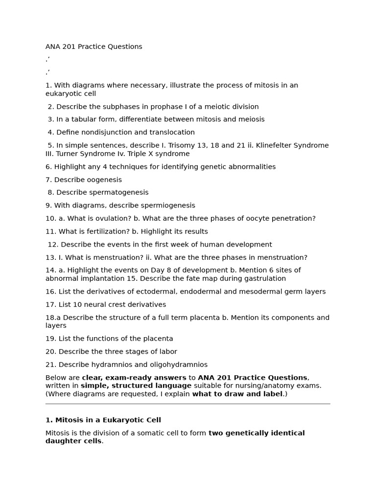 ANA 201 & NA 203 Exam Prep Questions | PDF | Meiosis | Arm