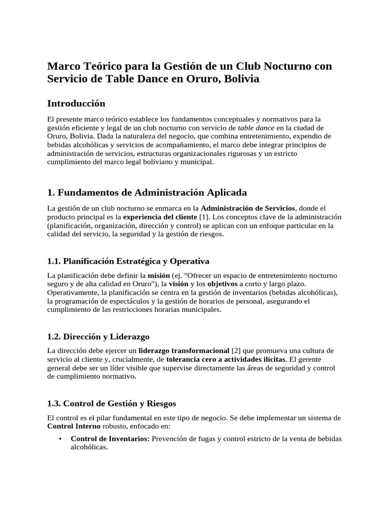 Marco Teórico Para La Gestión de Un Club Nocturno Con Servicio de Table ...