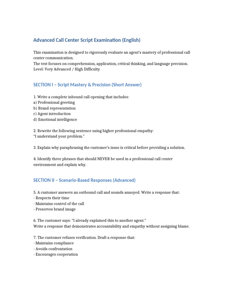 Advanced_Call_Center_Exam | PDF | Critical Thinking | Call Centre