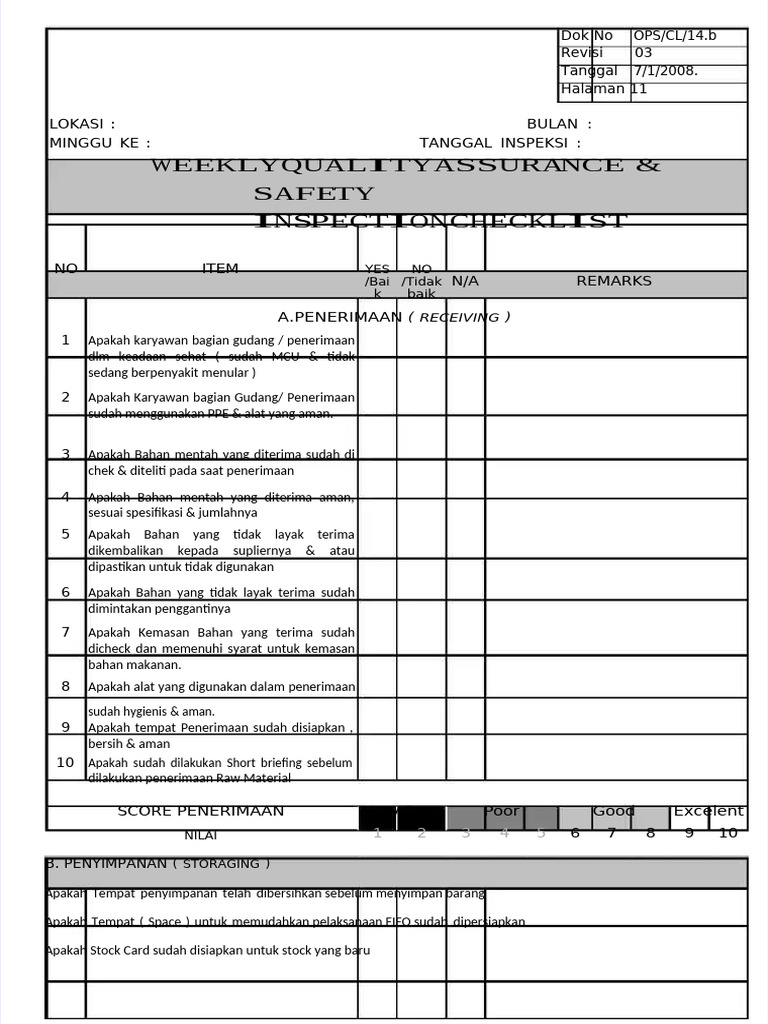 Checklist Inspeksi Kualitas Mingguan | PDF