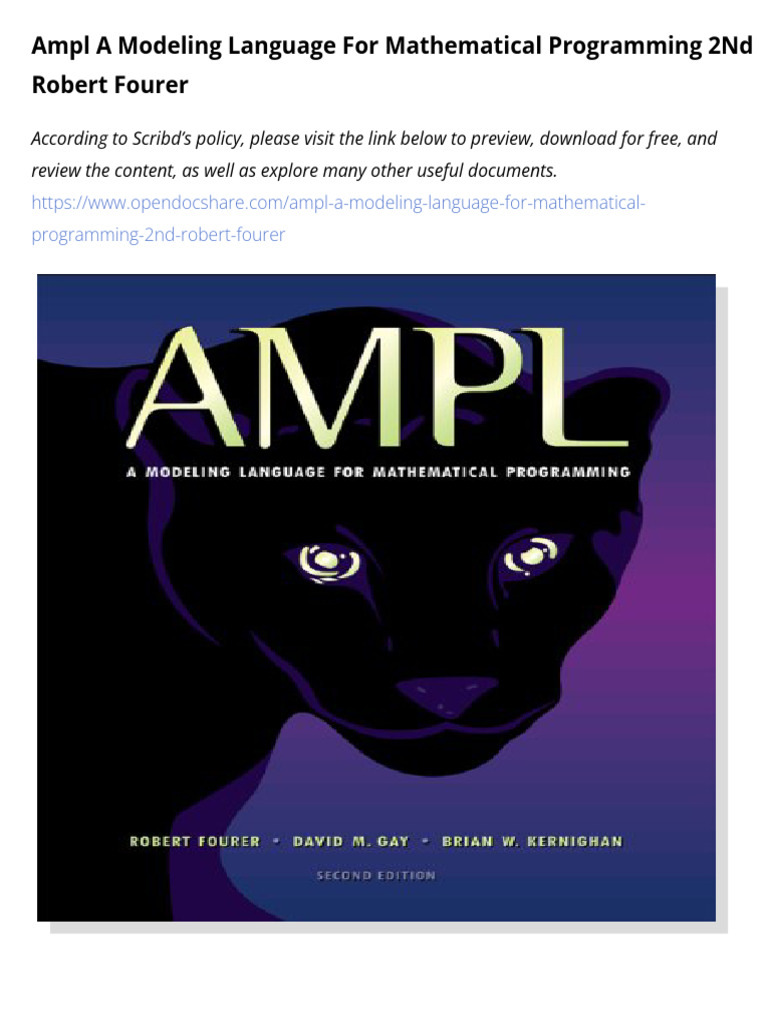 Ampl A Modeling Language For Mathematical Programming 2nd Robert Fourer | PDF | Linear ...