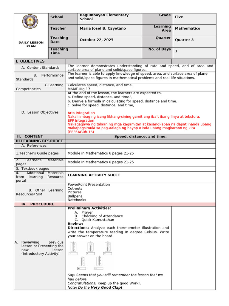 Grade 5 Math Lesson on Speed and Area | PDF | Learning | Mathematics