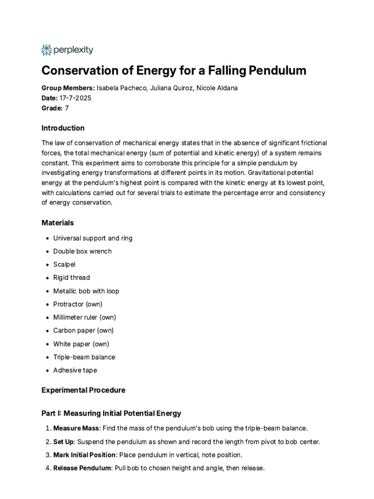 Conservation of Energy for a Falling Pendulum | PDF | Kinetic Energy ...
