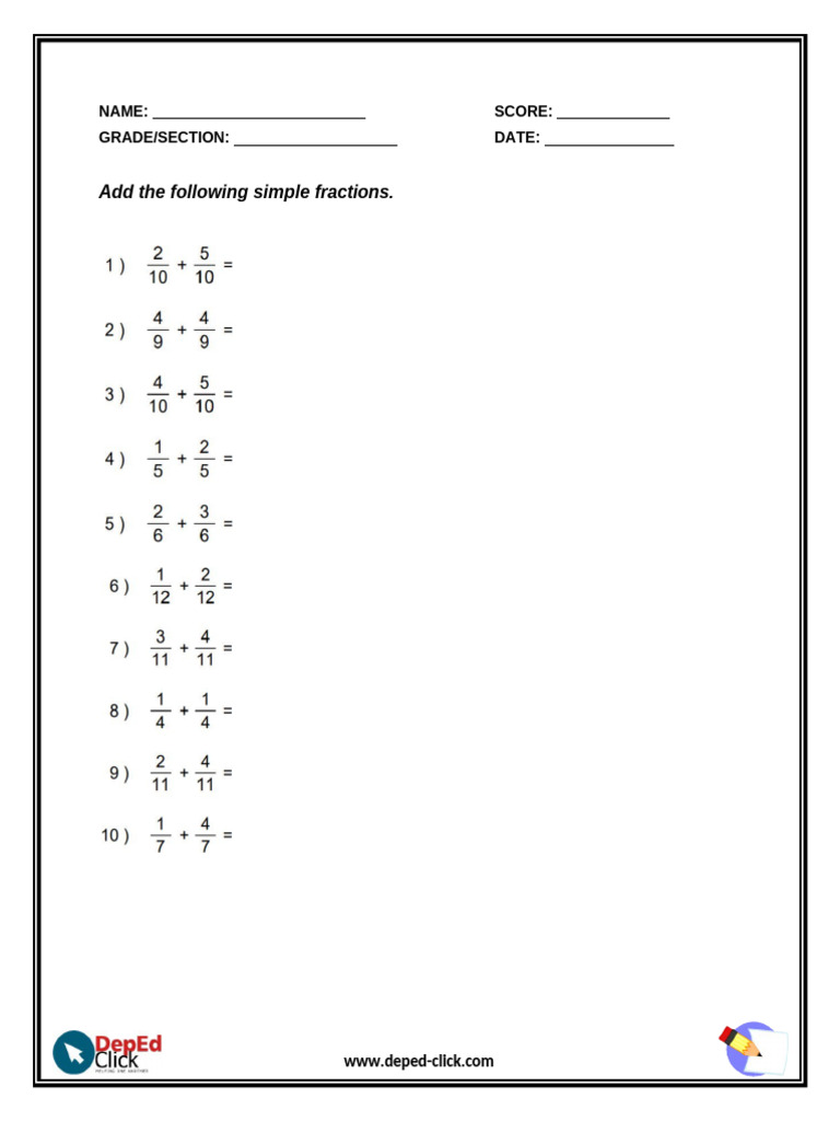 Grade 6 Activity Sheet (Add and Subtract Simple Fractions) | PDF