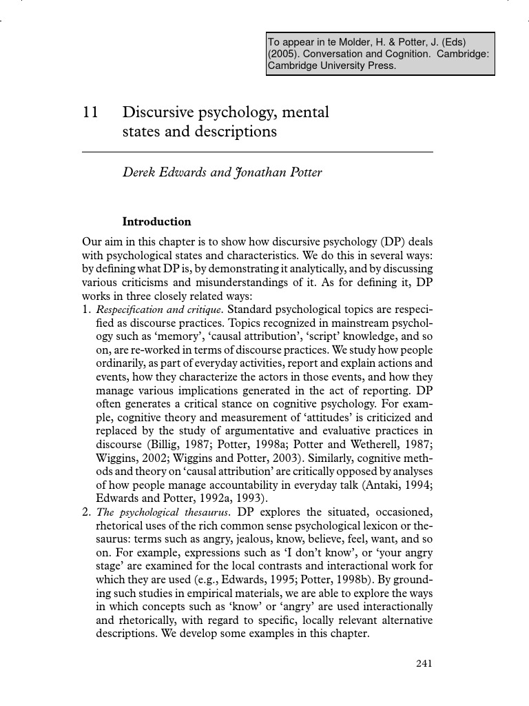 Discursive Psychology and Mental States | PDF | Thought | Mind