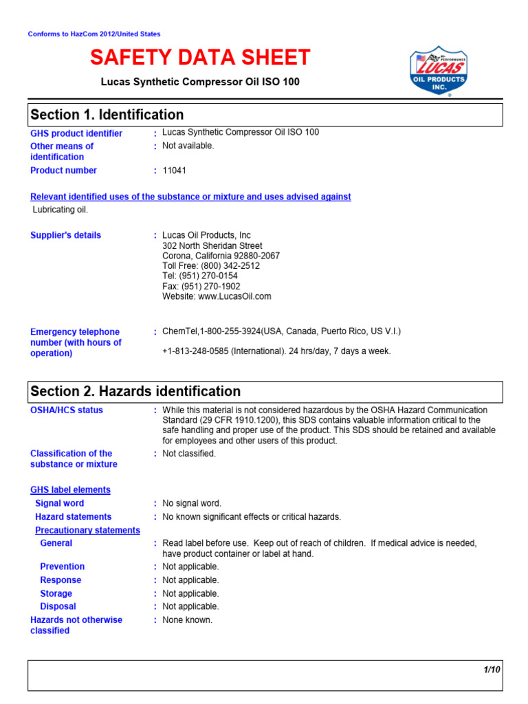Lucas ISO 100 Synthetic Compressor Oil SDS | PDF | Occupational Safety ...