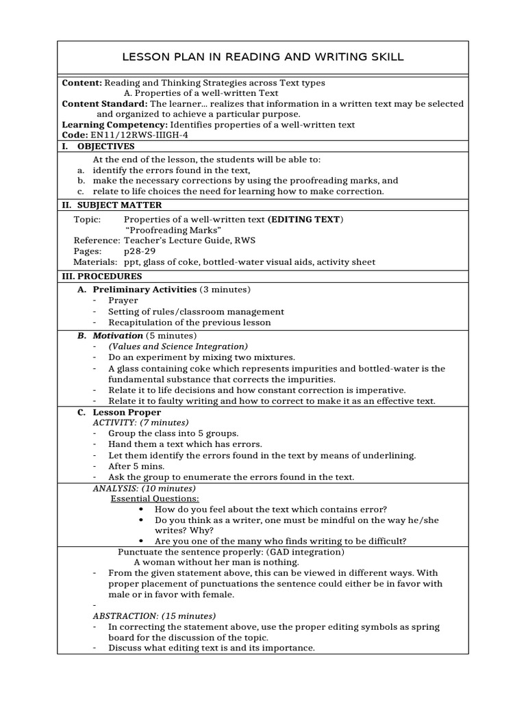 Proofreading and Editing Lesson Plan | PDF | Lesson Plan | Proofreading