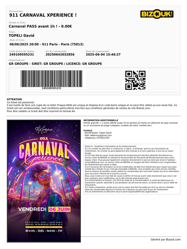 Ticket Carnaval Xperience Paris 2025 | PDF