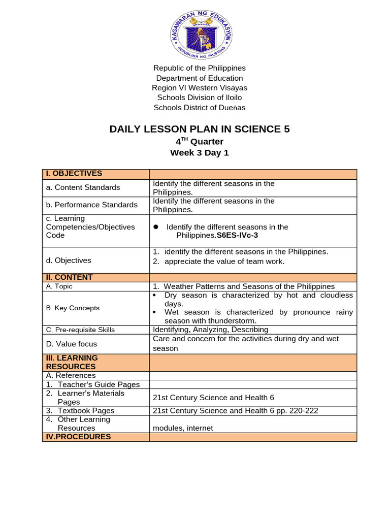 Daily Science Lesson Plan: Seasons in the Philippines | PDF | Rain ...