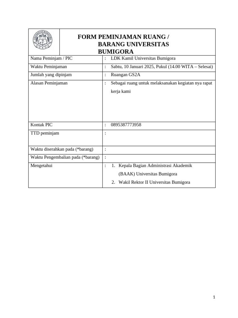 Formulir Peminjaman Ruang Universitas | PDF