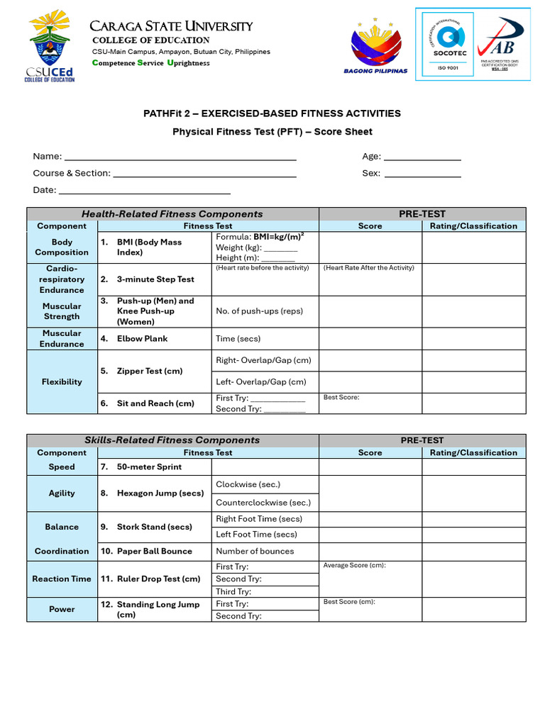 Fitness Test Score Sheet Template | PDF