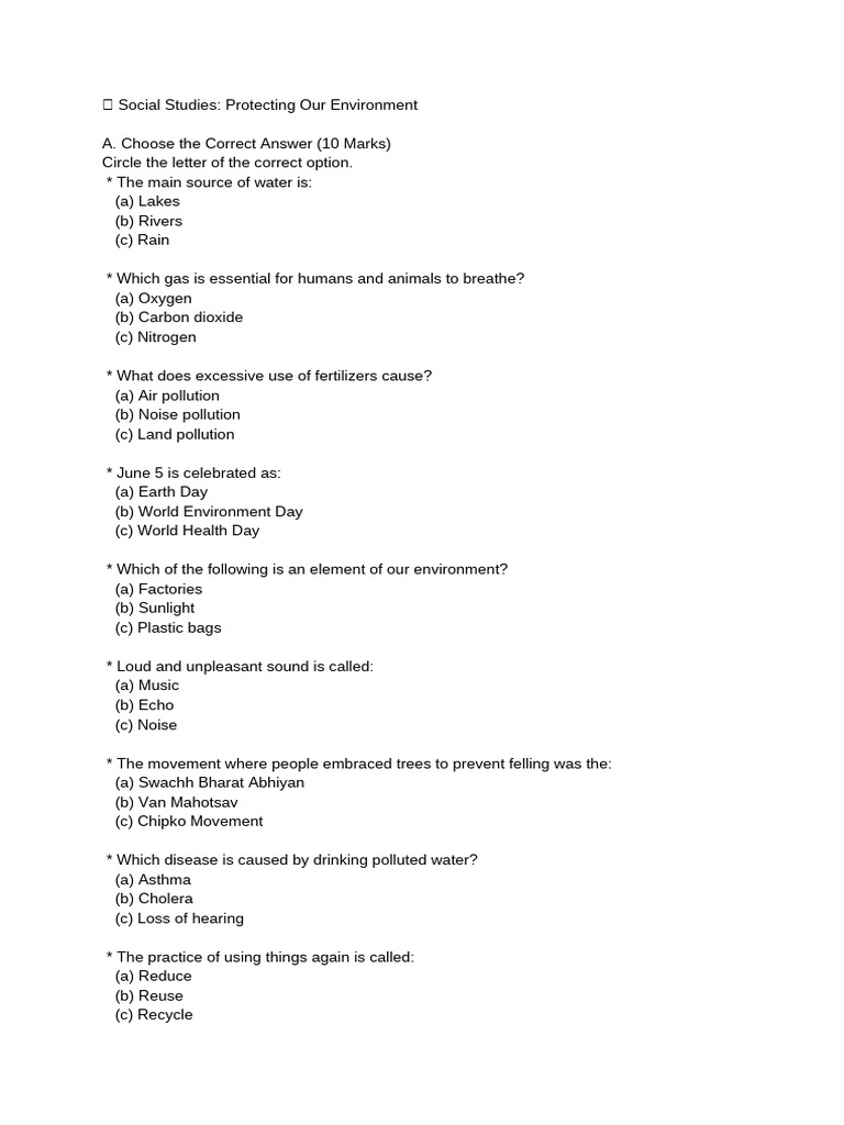 Environmental Awareness Quiz for Kids | PDF | Pollution | Water