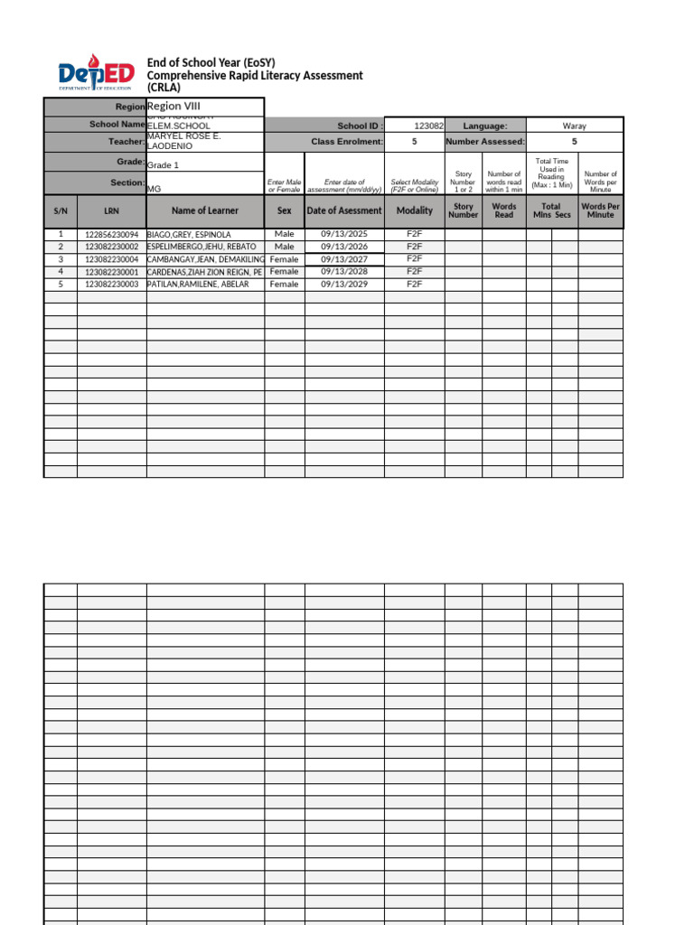 CRLA EoSY G1 Scoresheet v2 | PDF | Pedagogy | Applied Linguistics