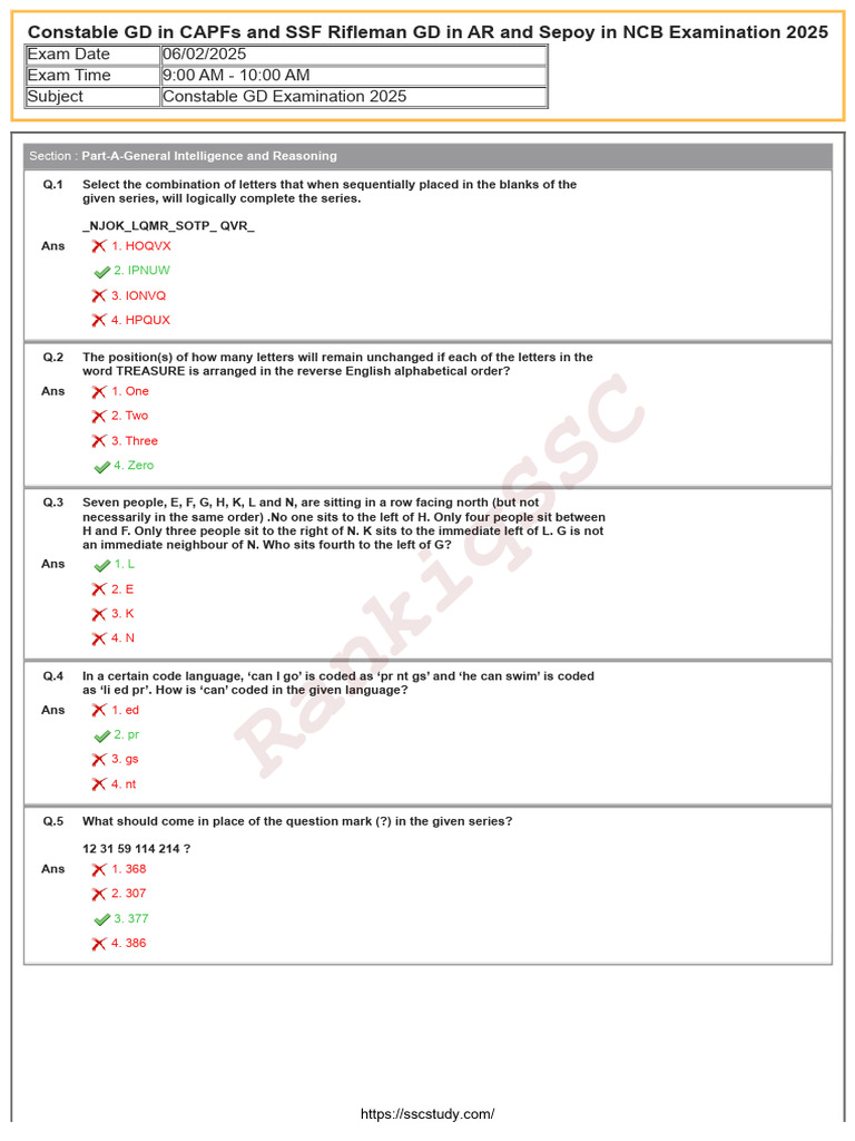 SSC GD Exam Paper With Answer Key 6-02-2025 English(SSC Study) | PDF