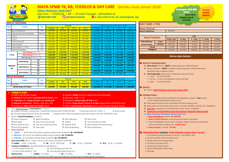 Biaya SPMB TK dan Day Care 2026 | PDF