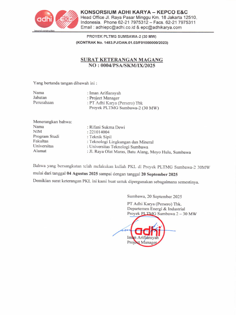 Surat Keterangan Magang Rifani Sukma Dewi | PDF