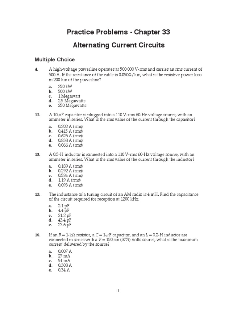 Practice Problems - Chapter 33 Alternating Current Circuits: Multiple ...
