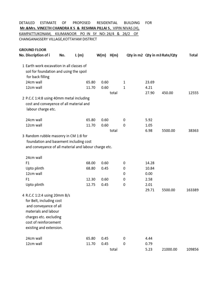 Residential Building Cost Estimate | PDF | Wall | Roof