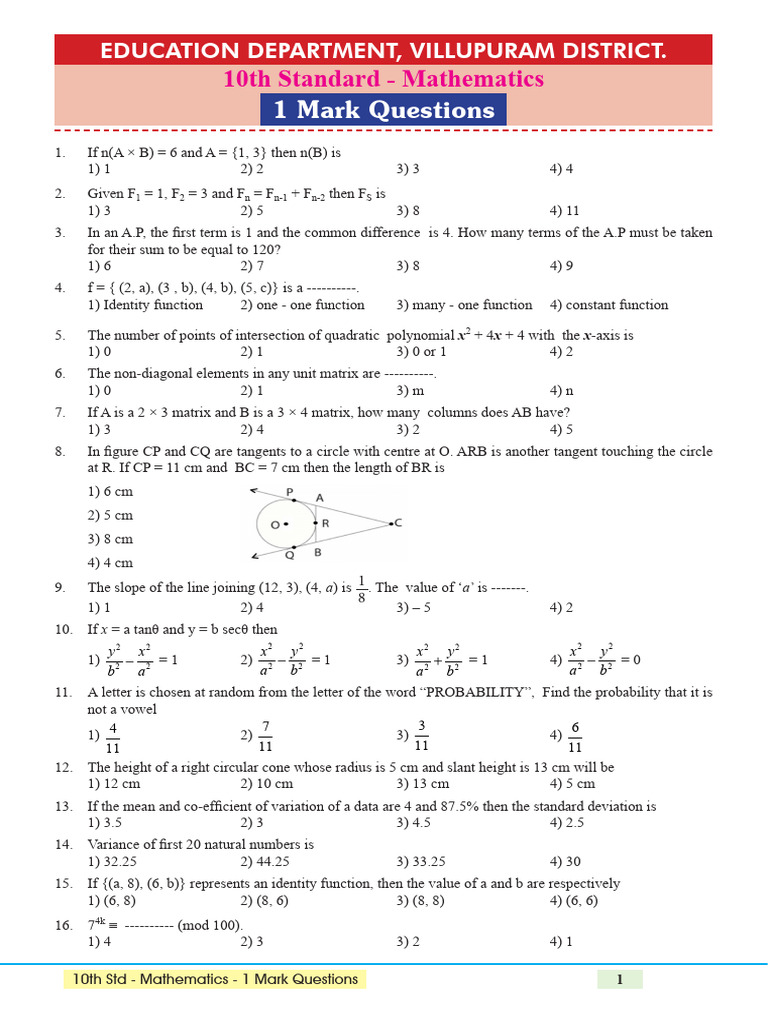 10th Std Mathematics 1 Mark Questions | PDF | Mathematical Objects ...