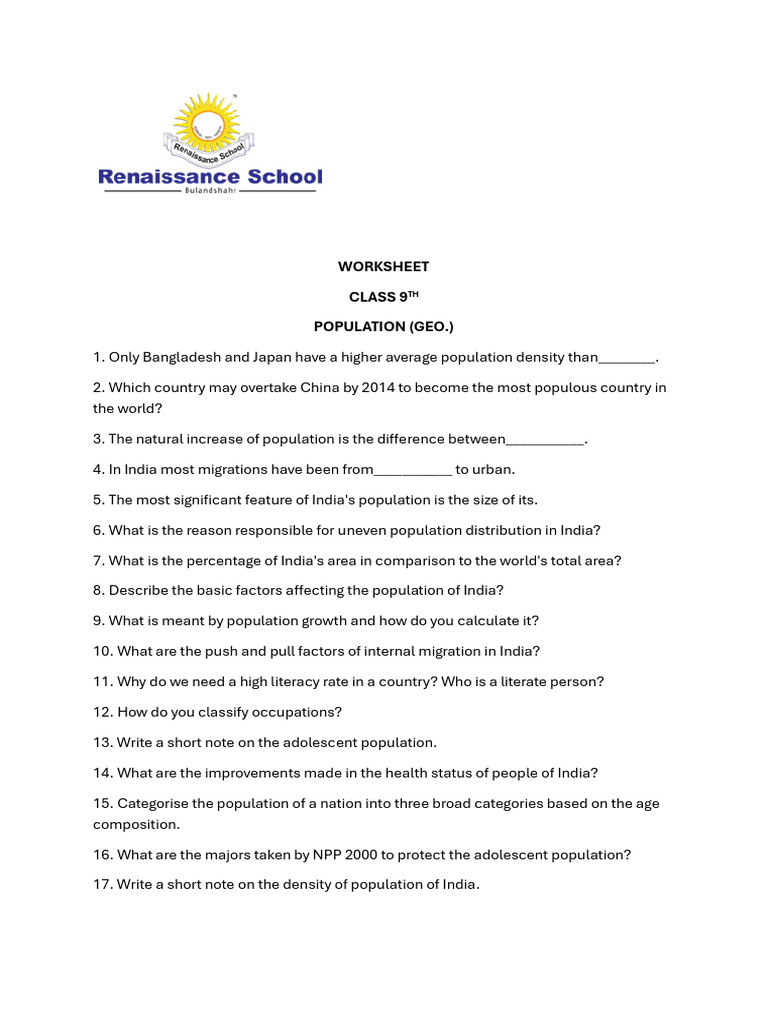 Worksheet to Class 9th Geography Population | PDF