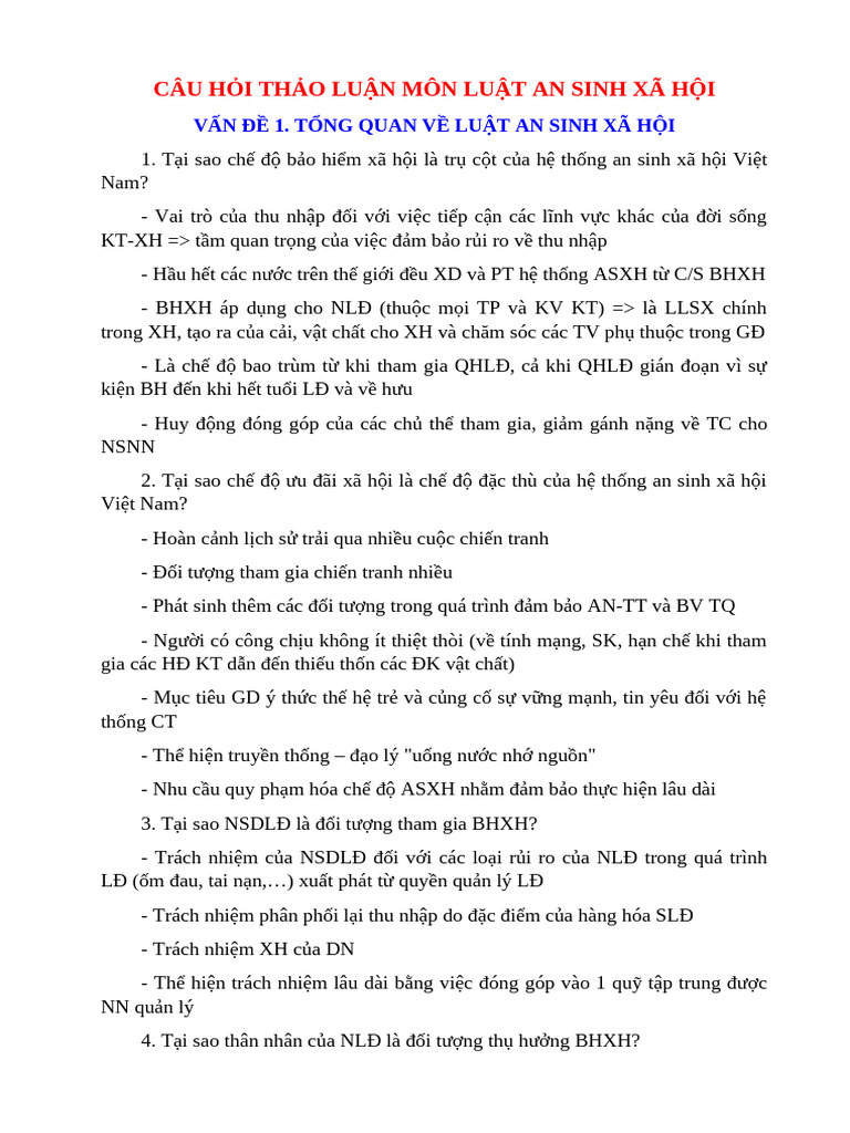 CÂU HỎI THẢO LUẬN MÔN LUẬT AN SINH XÃ HỘI | PDF