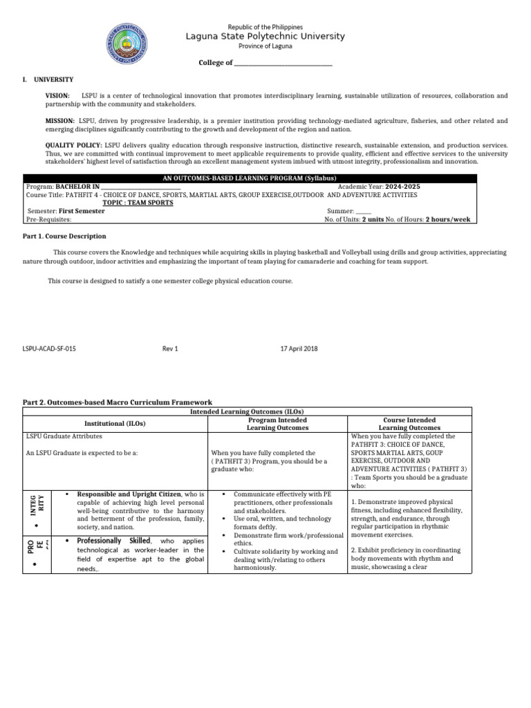 PATHFIT 3 Team Sports Syllabus (1) | PDF | Curriculum | Learning