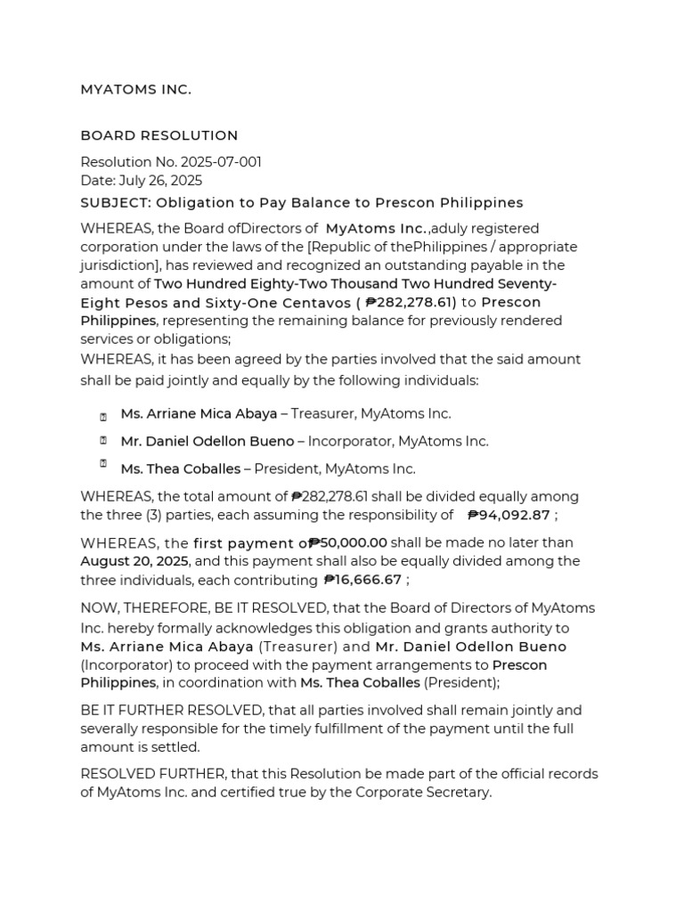 Board Resolution Obligation to Pay Prescon.docx | PDF