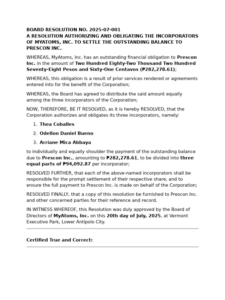 MyAtoms, Inc. Board Resolution on Debt Settlement | PDF