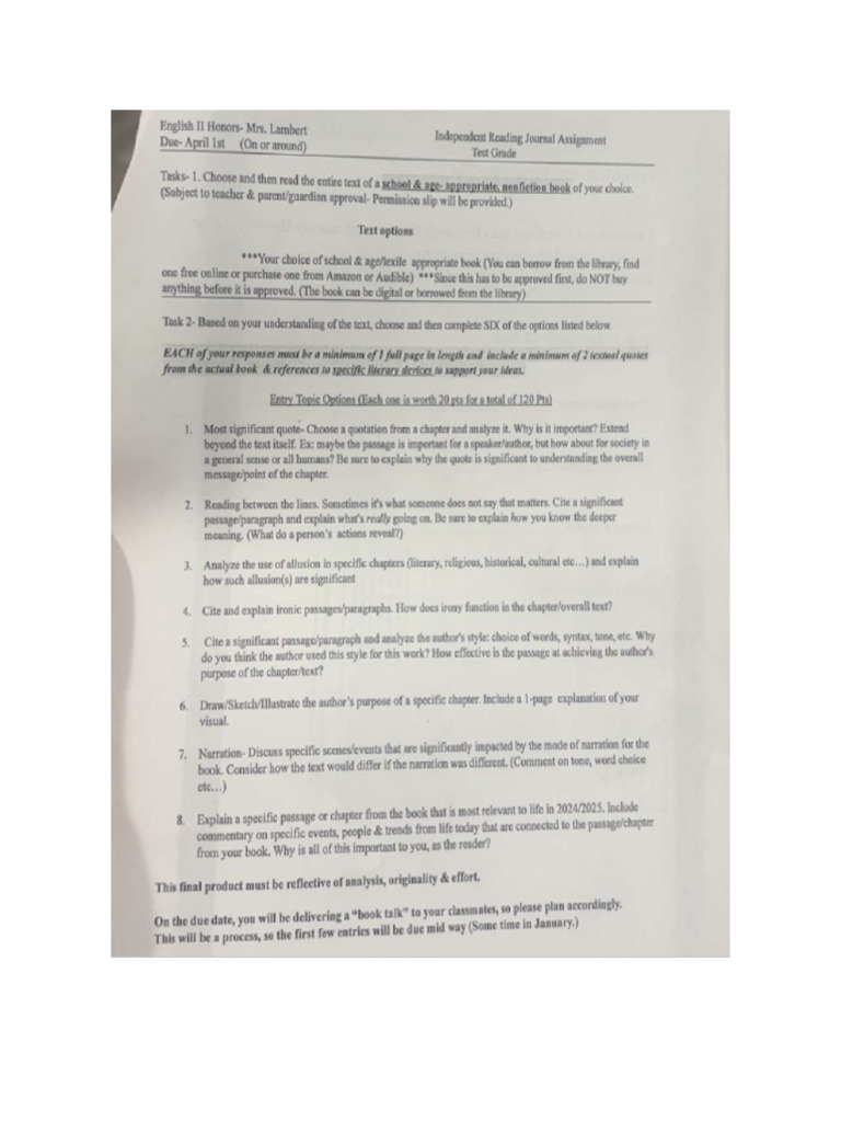 English II Honors Assignment | PDF