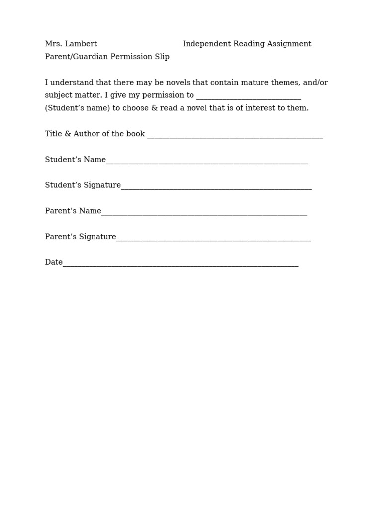 Independent Reading Assignment Permission Slip | PDF