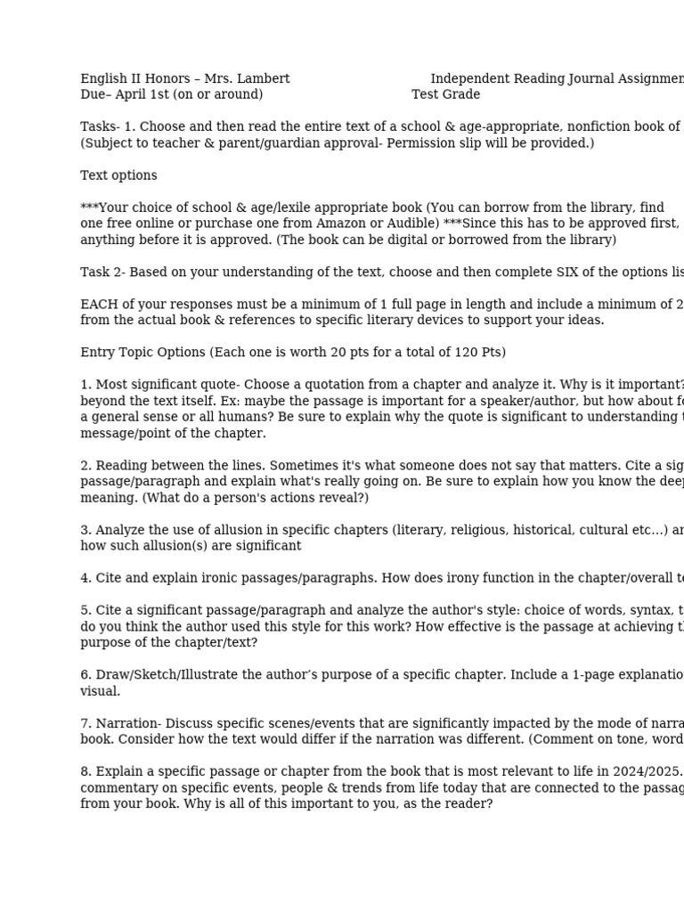 Independent Reading Journal Assignment | PDF | Books