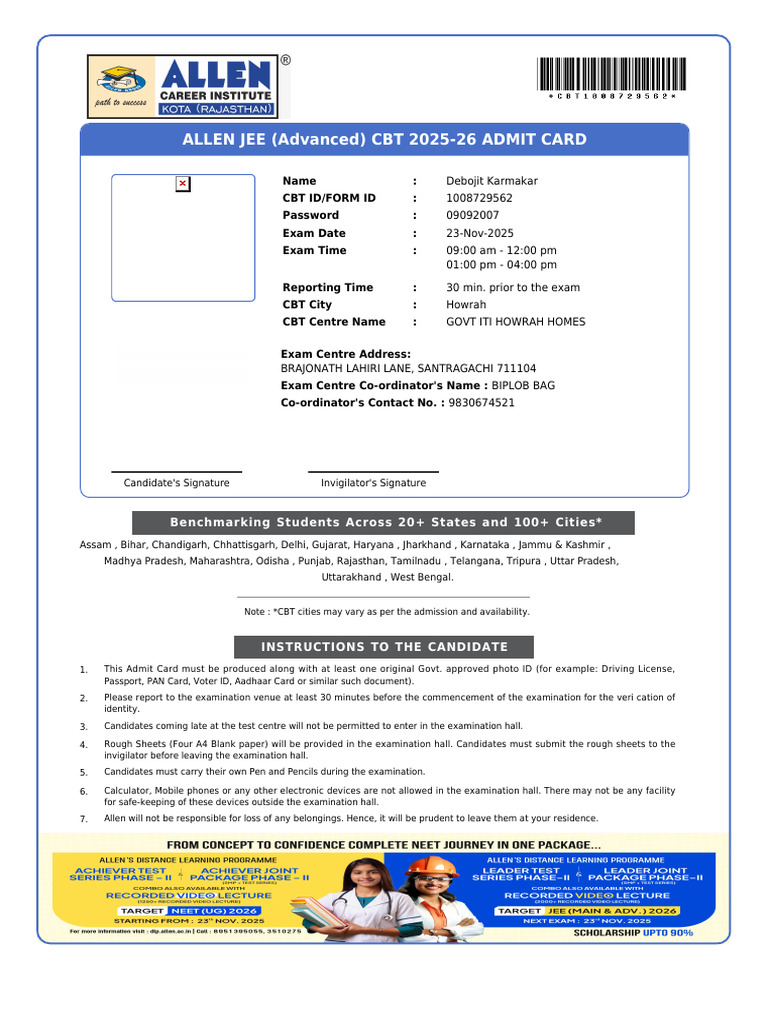 Allen JEE Advanced 2025-26 Admit Card | PDF