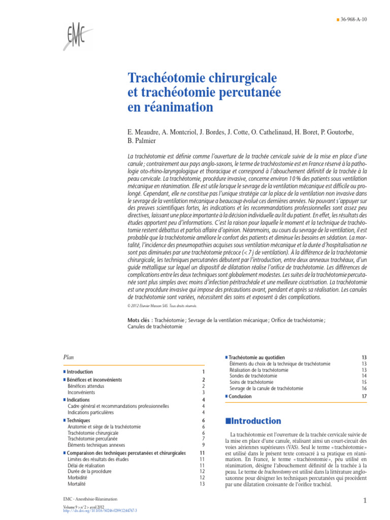 Trachéotomie en réanimation : techniques et enjeux | PDF | Médecine de ...